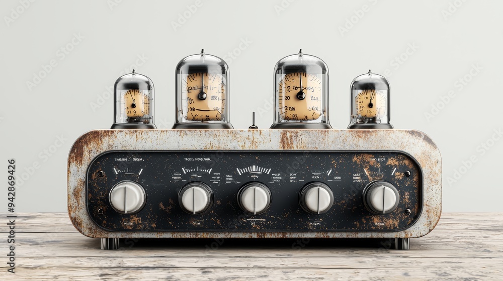 Vintage tube amplifier with a rustic design, featuring glowing vacuum ...