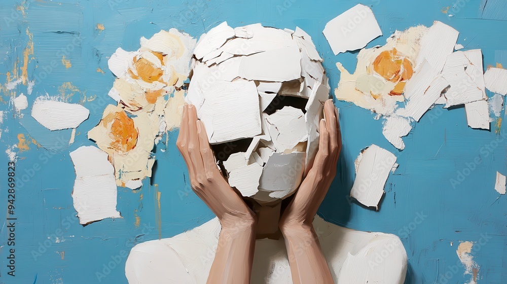 A surreal artwork depicting a figure with a fragmented head ...