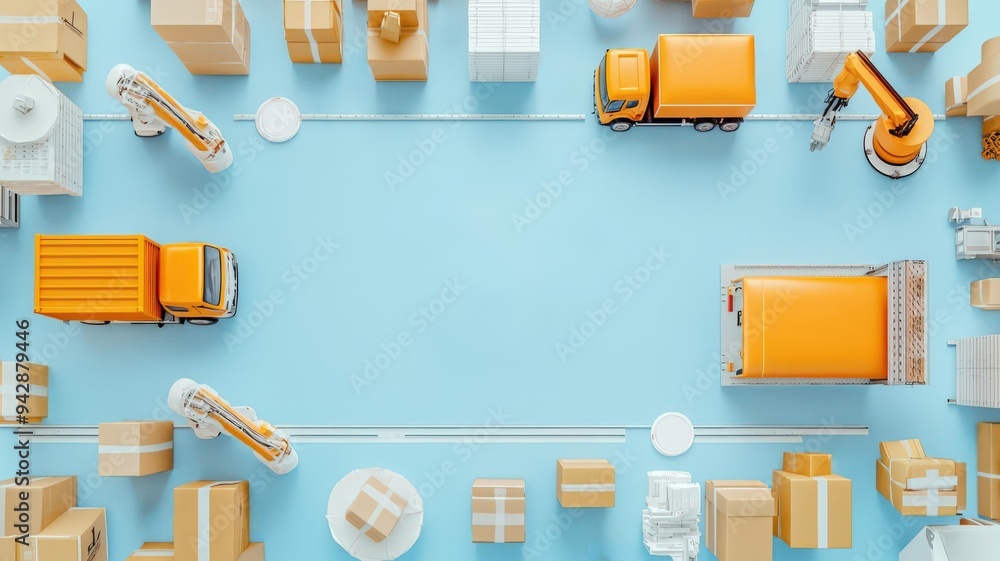 Bird s eye view of a warehouse with automated robots sorting packages ...