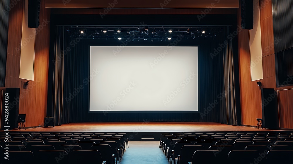 Empty Stage with Big Blank Screen, Projector Setup, and Clean ...