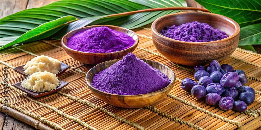 5. A still life of bright ube powder and other ingredients for ...