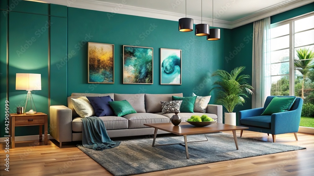 8. A bold teal-colored accent wall in a modern living room, adorned ...