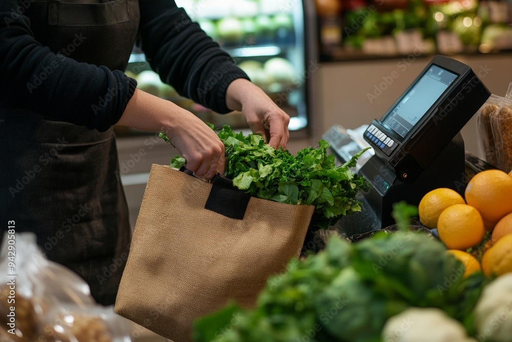 A grocery cashier scanning items and placing them into a reusable jute ...
