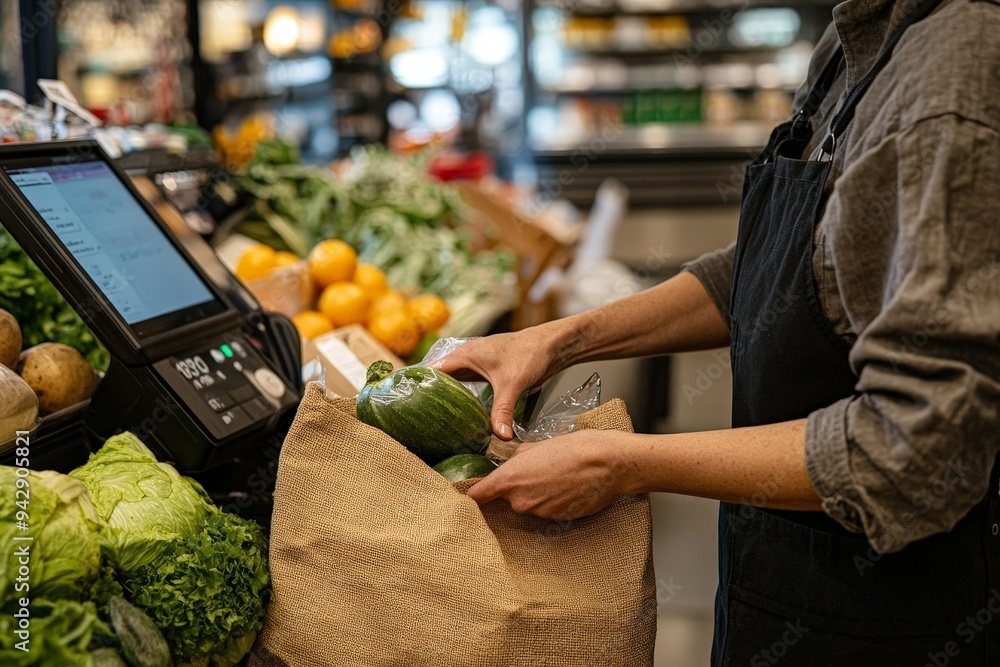 A grocery cashier scanning items and placing them into a reusable jute ...