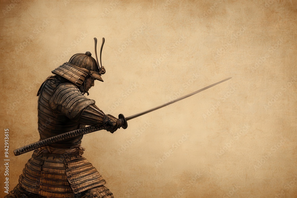 An intricate engraving of a traditional Japanese samurai in full armor ...