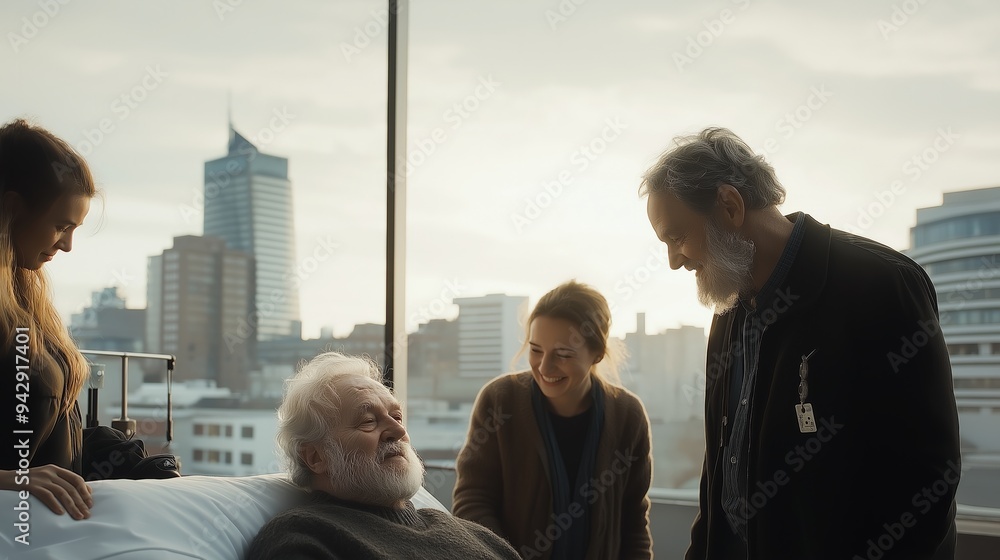 Elderly patients with family members on hospital rooftop, urban skyline ...