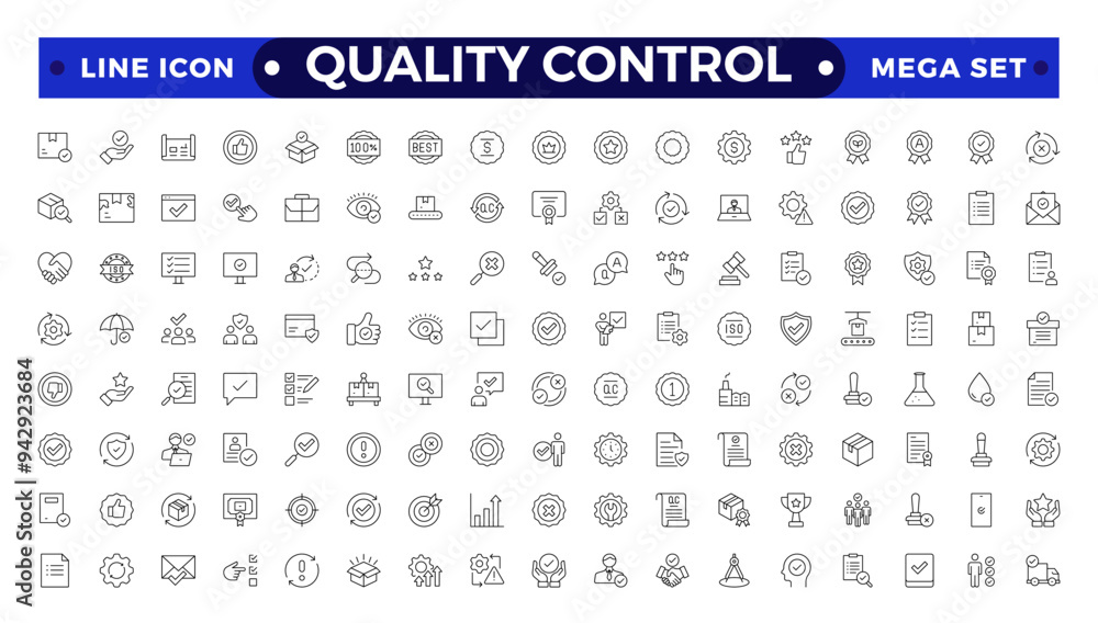 Quality control Outline icon set. Containing inspection, evaluation ...