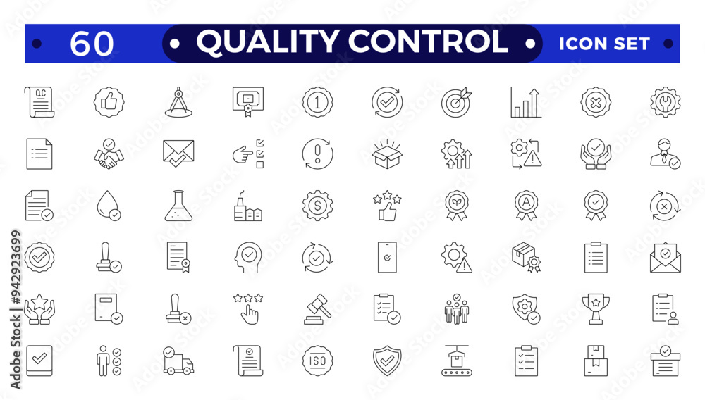 Quality control Outline icon set. Containing inspection, evaluation ...