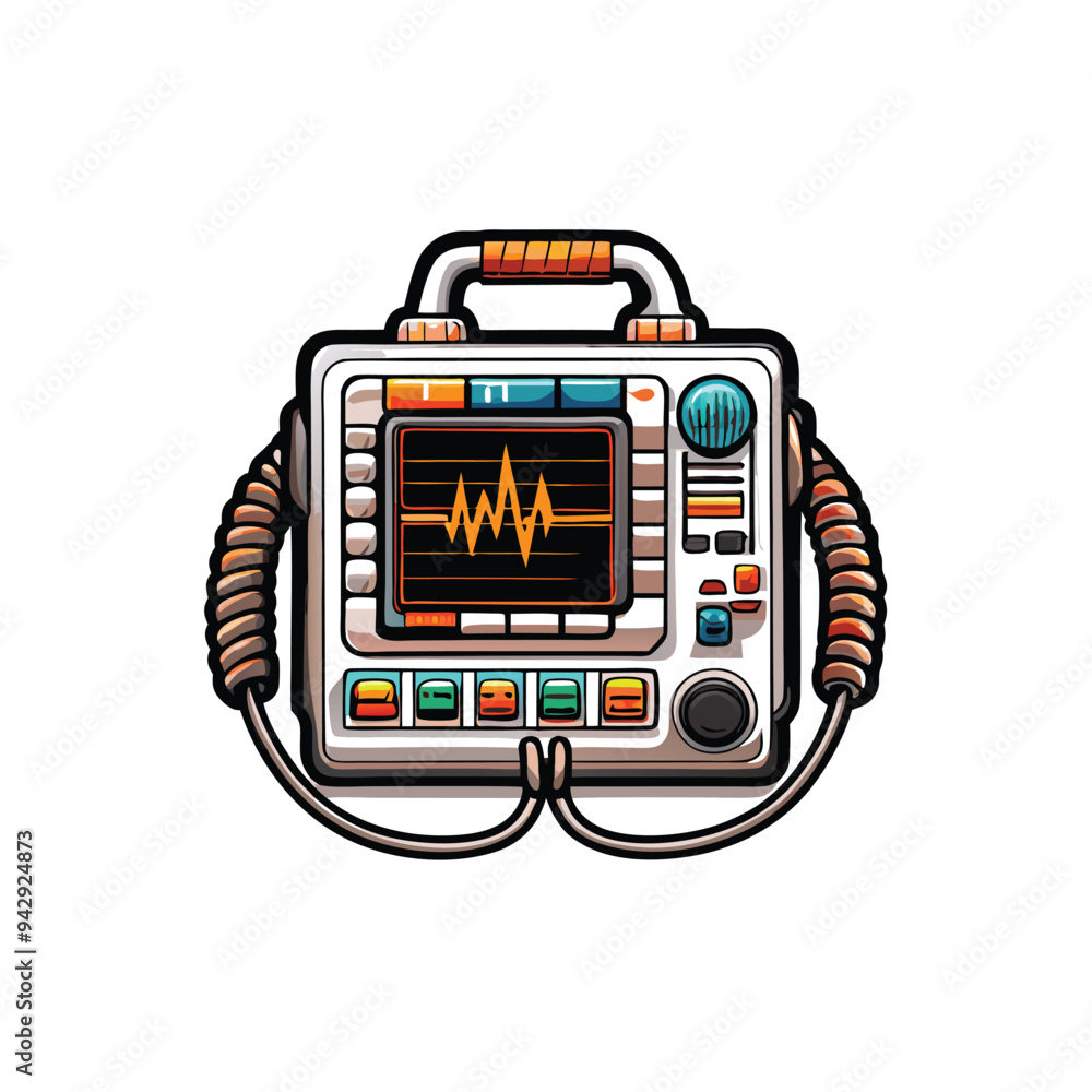 Create a detailed vector illustration of a defibrillator with a ...