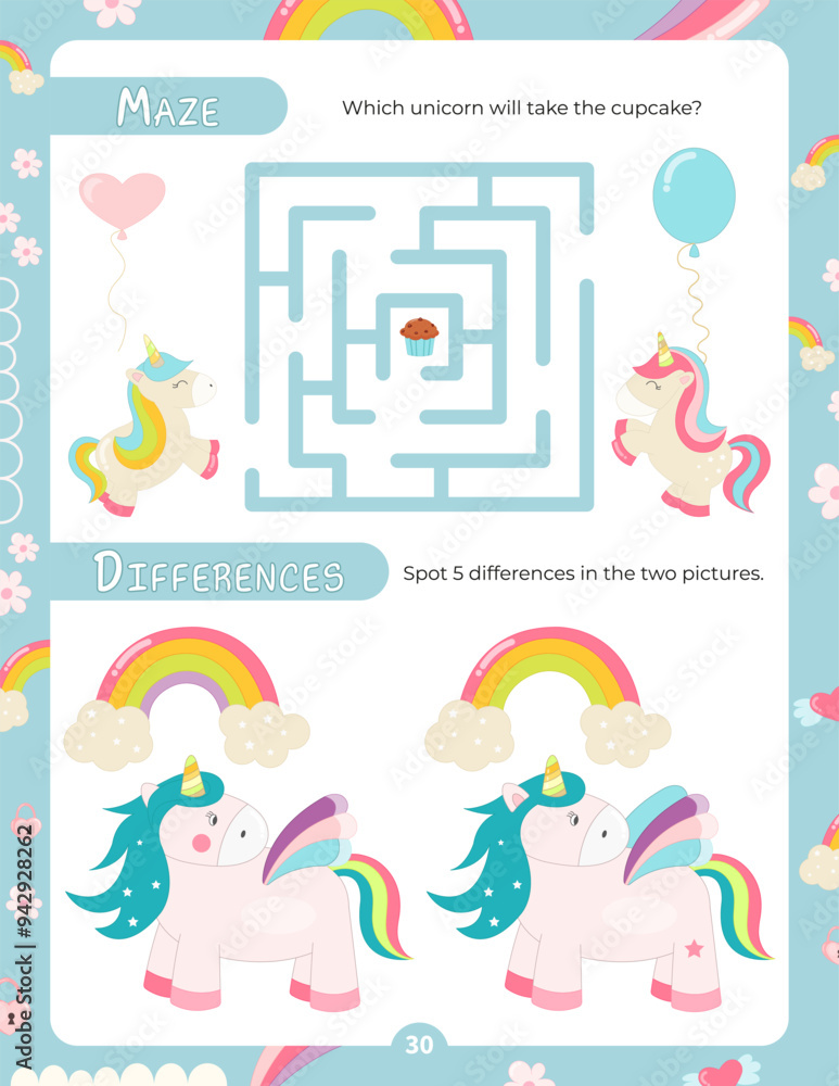 Activity Pages for Kids. Printable Activity Sheet with Unicorn ...