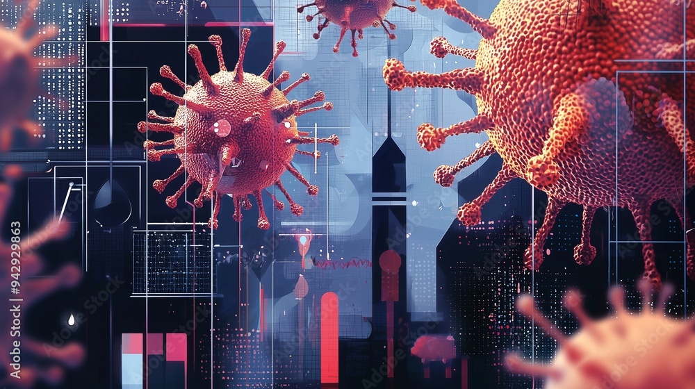 Urban health challenges depicted by virus particles over a cityscape ...