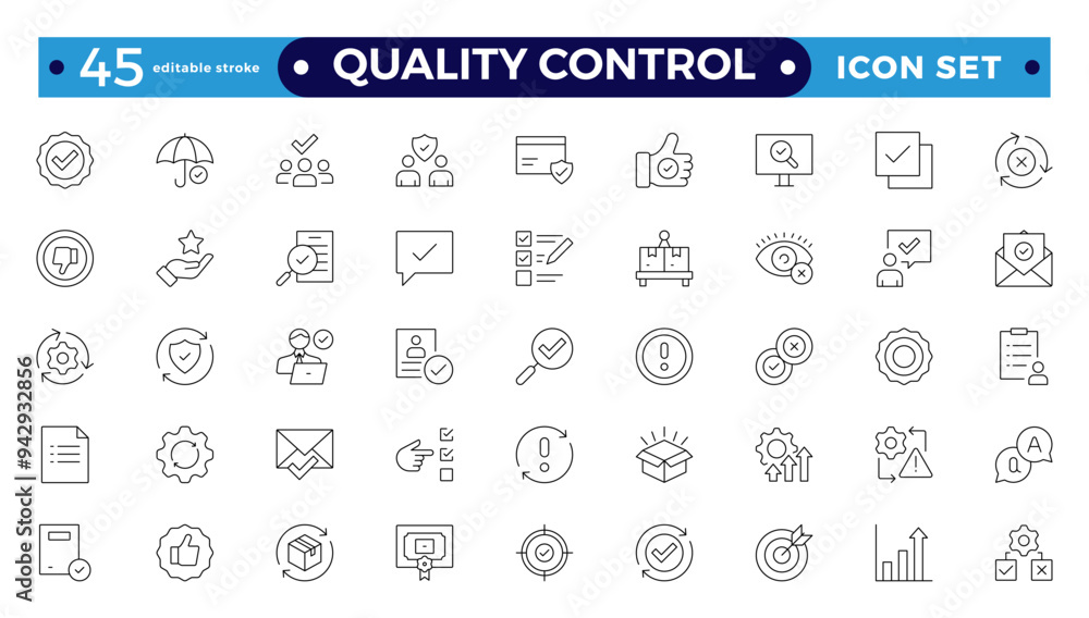 Quality control Outline icon set. Containing inspection, evaluation ...
