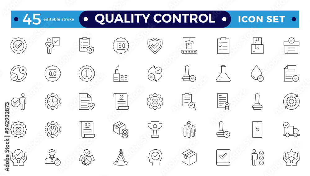 Quality control Outline icon set. Containing inspection, evaluation ...