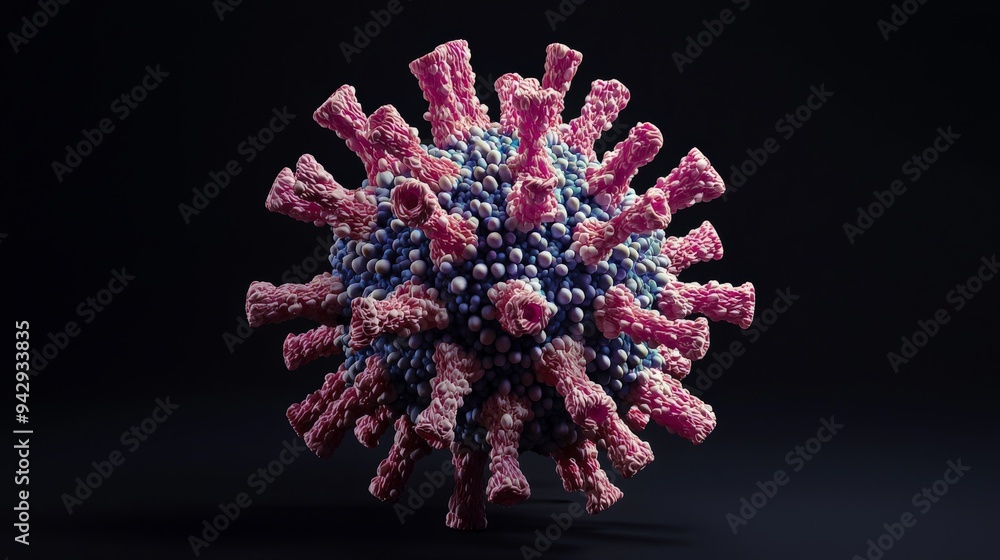 A 3D model of a virus structure, showing the spike proteins and ...