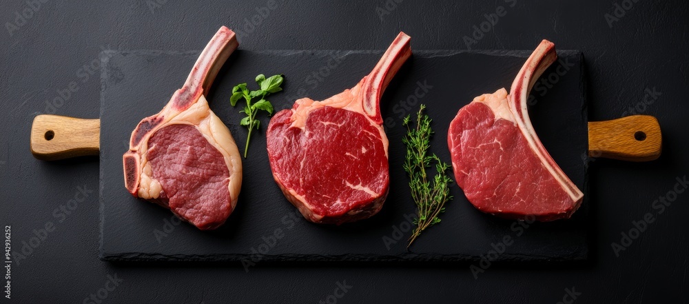 five different types of beef steaks on a black slate board background ...