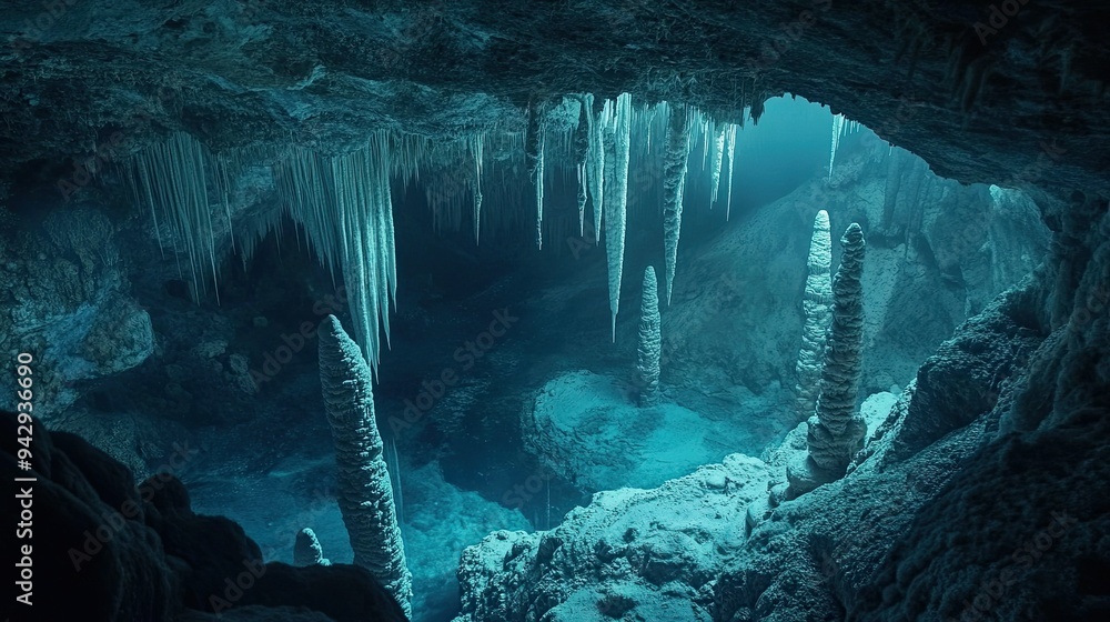 Stalactites and stalagmites inside a dimly lit cave, perfect for text ...