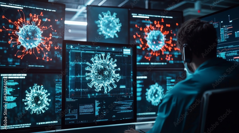 a cyber attack in progress, with multiple screens showing the virus spread, overlaid with ...