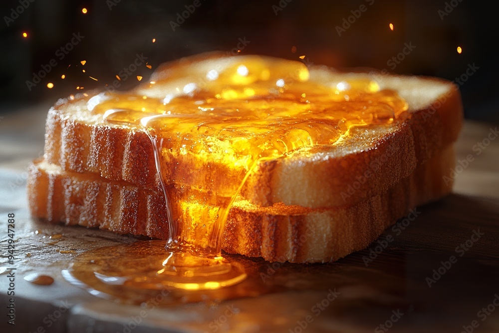 two beautiful toasts stacked with a golden honey falling down one side ...