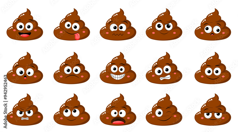 Collection of Cute funny poop with different mood. Set of cartoon poo ...