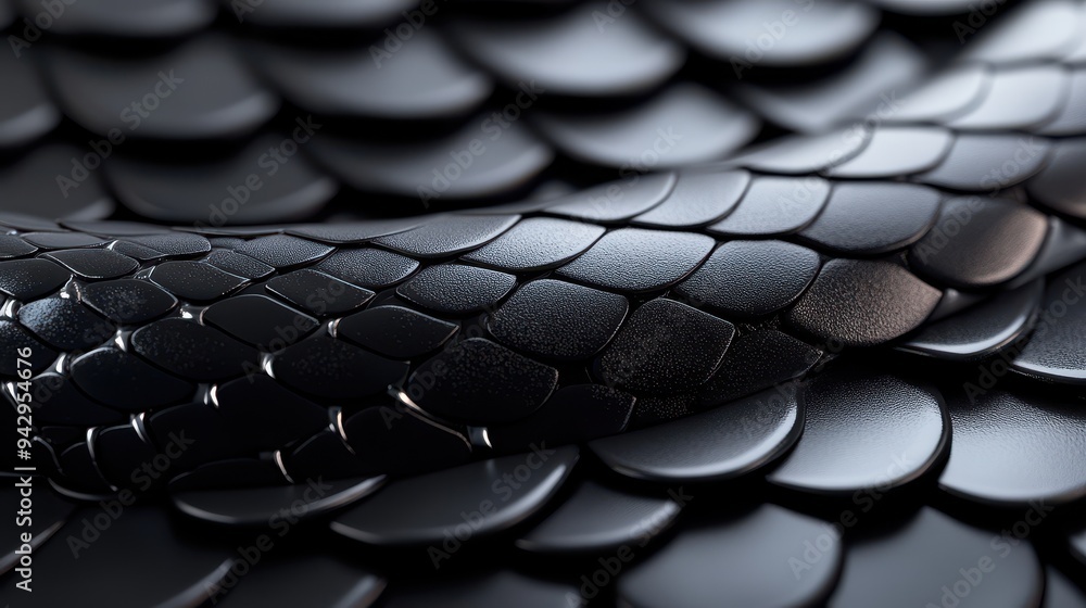 A snake's skin is shown in black and white with a shiny, metallic look. Concept of mystery and ...