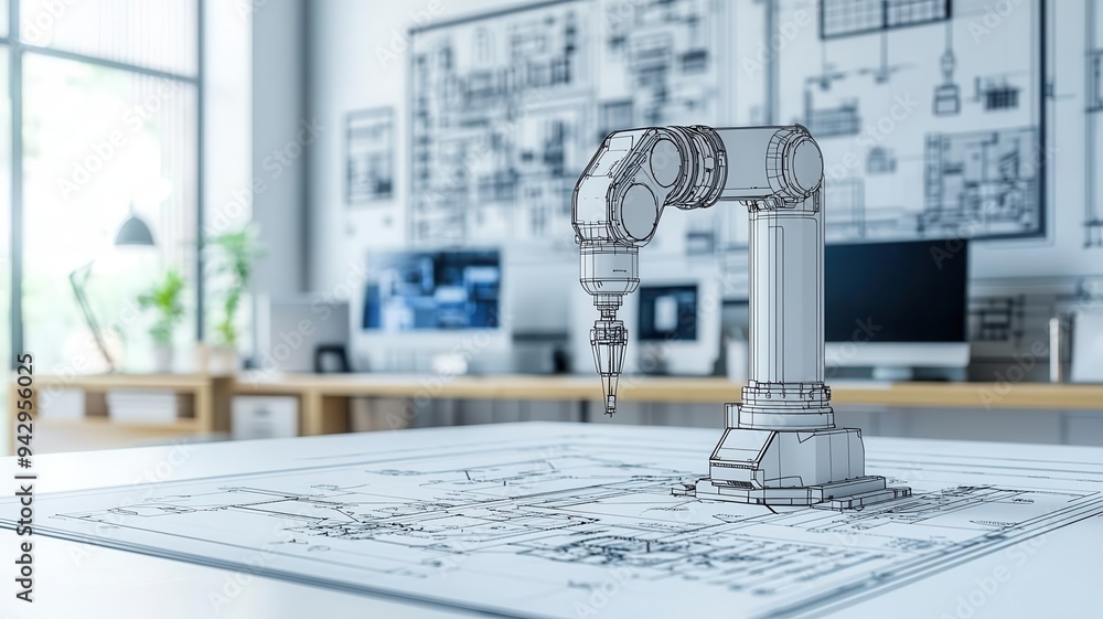 Clean line blueprint of a robotics lab, detailed framework and clear ...