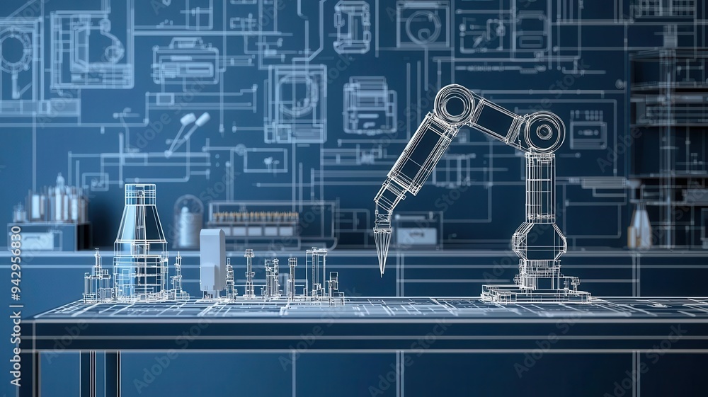 Clean line blueprint of a robotics lab, detailed framework and clear ...