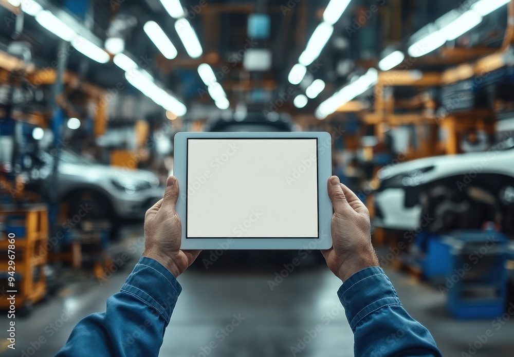 a mechanic holding an iPad with a blank screen in front, the background ...