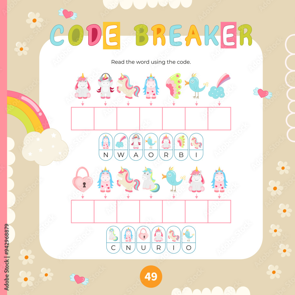 Unicorn activities for kids. Find the hidden words in Code Breaker ...