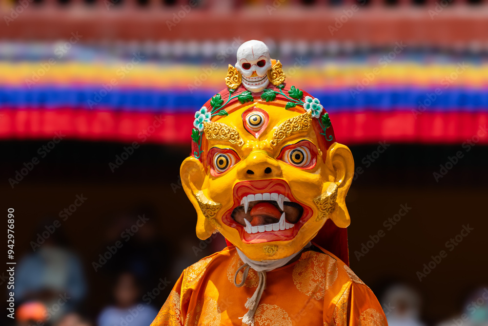 Close up of a colorful mask worn by Buddhist monks during Hemis ...