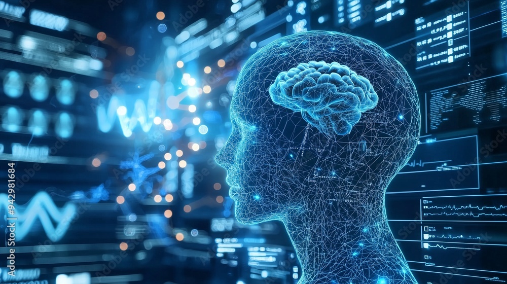 Digital human head with brain, data charts, and ai elements symbolizing ...