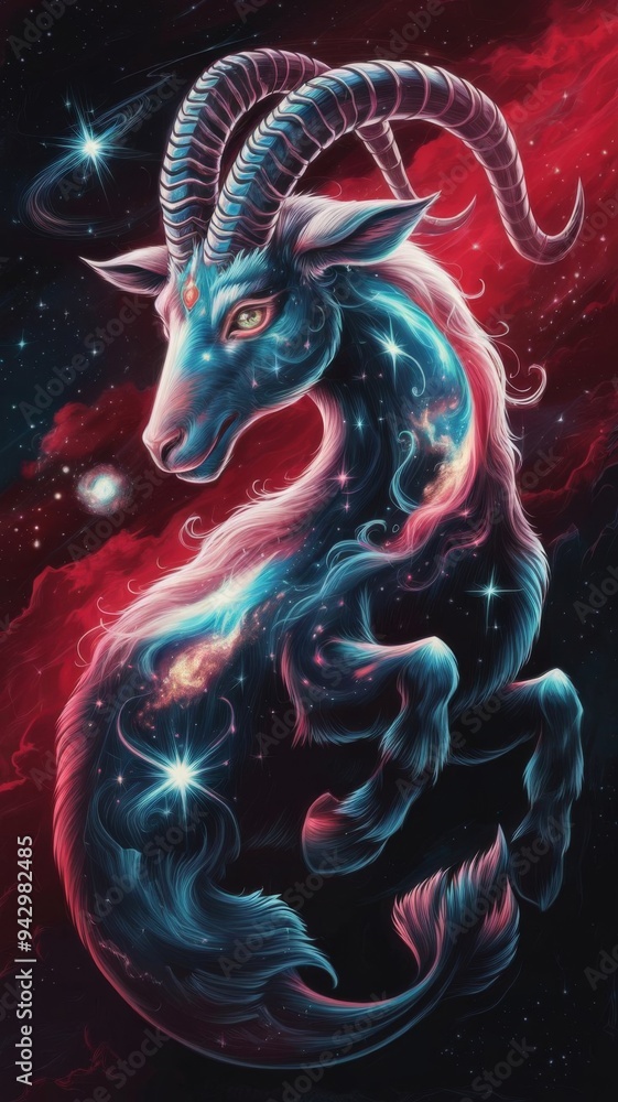 Capricorn Zodiac Sign Depiction with a Majestic Goat in a Cosmic ...