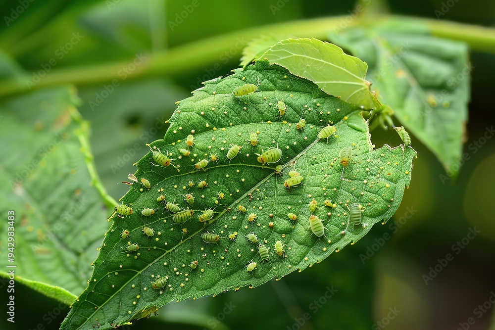 Ants and Aphids. Insect pests. Little black aphid Colony on a green ...