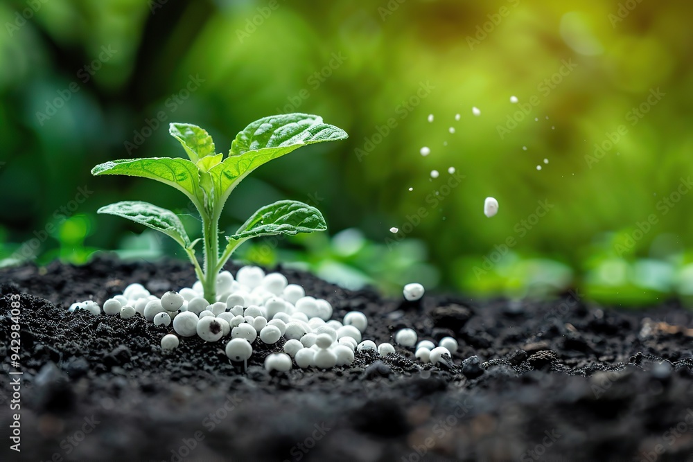 White granulated fertilizer scattered near little young green plant ...