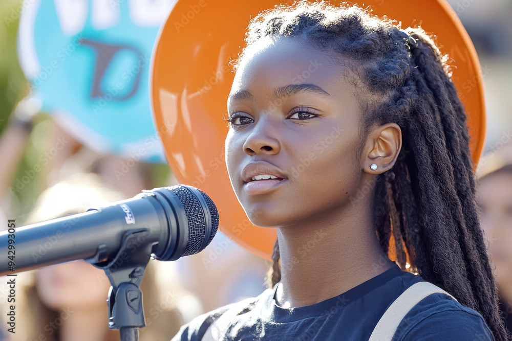 Confident Young Speaker at an Outdoor Event. A close-up photo of a ...