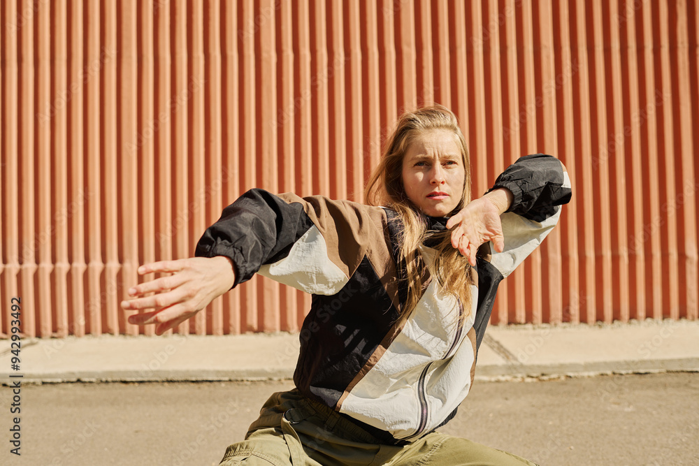 Woman with light hair practicing dance moves in front of urban wall ...
