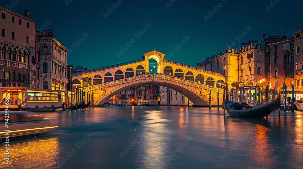 Night view of the Rialto Bridge in Venice featuring illuminated ...