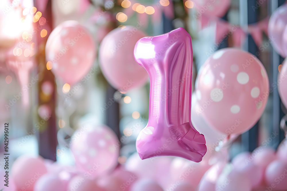 Pink, girlish number one with balloons. Playful symbol 1. Invitation ...