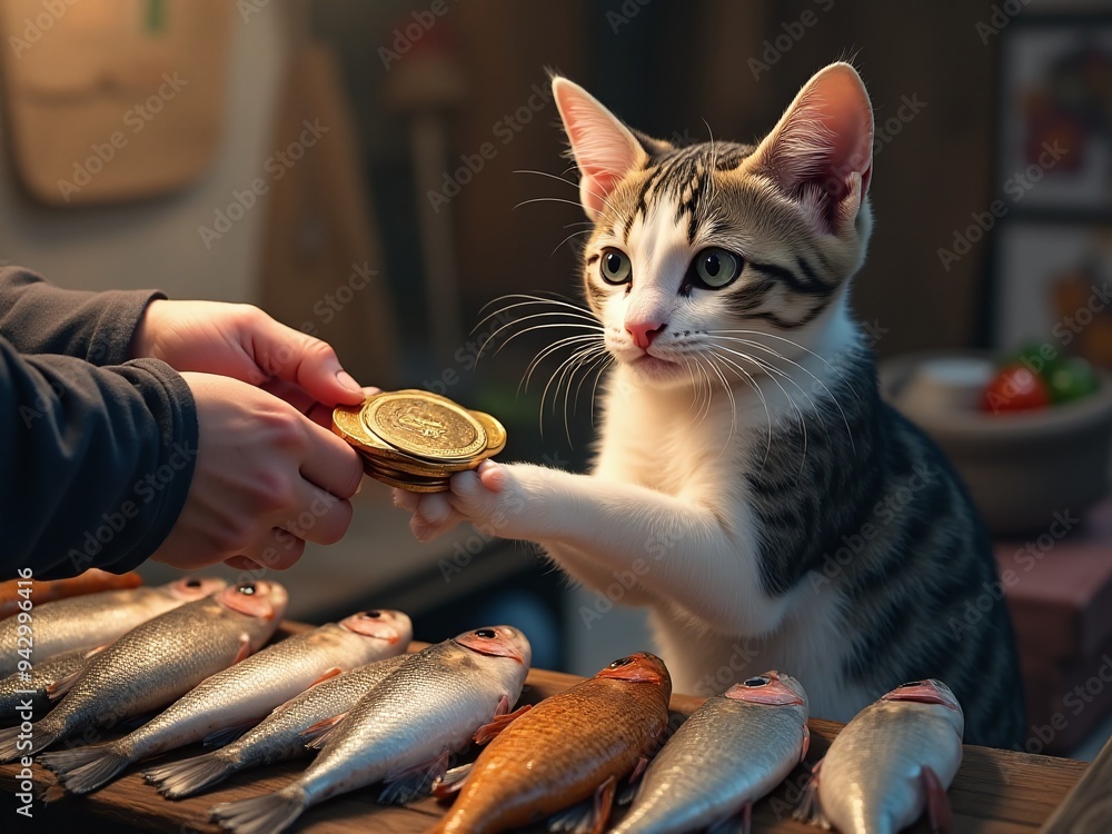 An image depicting a hand giving money to a cat fishmonger, who is ...