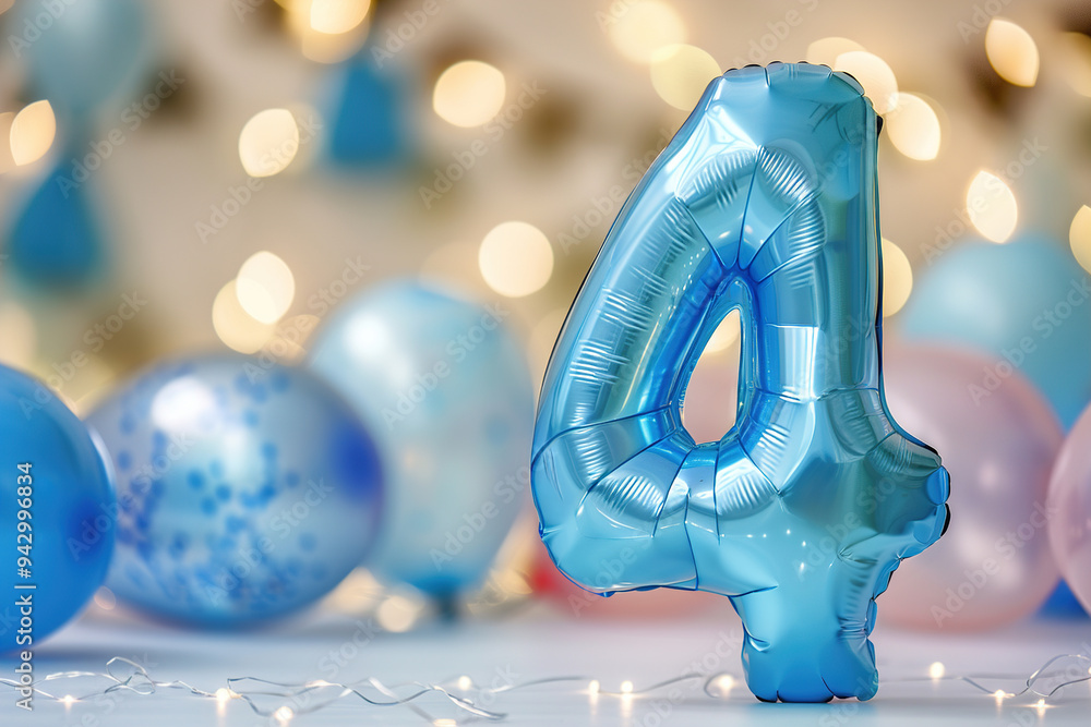Blue number four with balloons. Playful symbol 4. Invitation for fourth ...