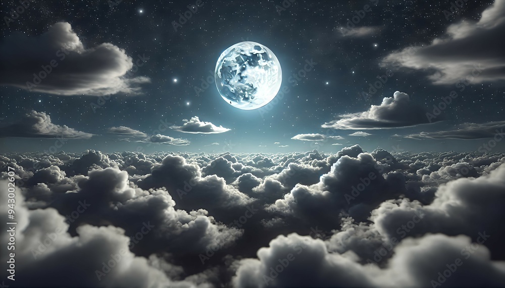 A full moon glowing in a night sky filled with thick clouds. The stars ...