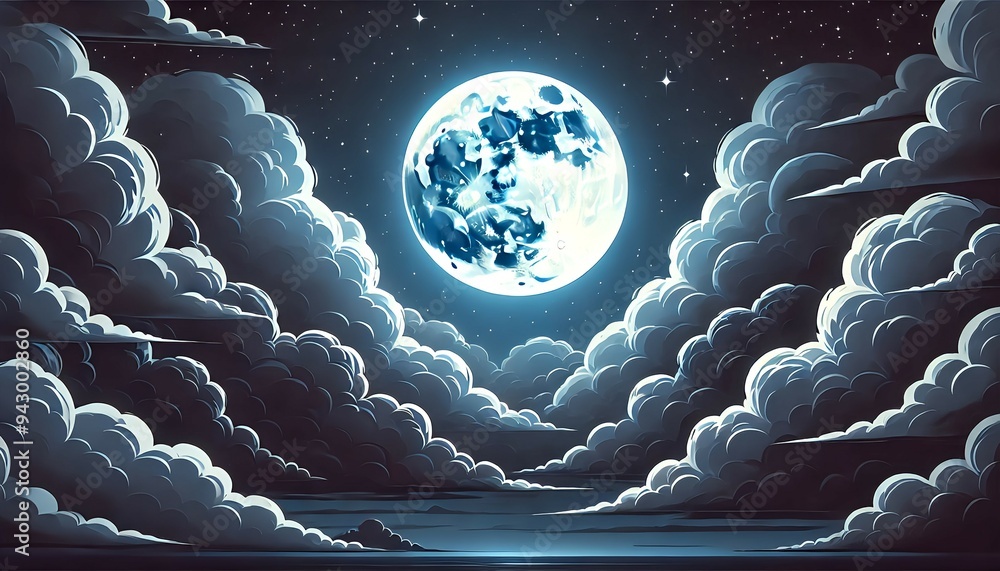A full moon glowing in a night sky filled with thick clouds. The stars ...