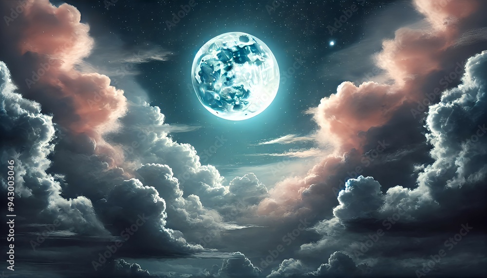 A full moon glowing in a night sky filled with thick clouds. The stars ...