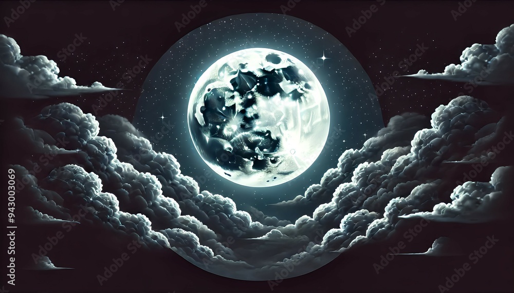 A full moon glowing in a night sky filled with thick clouds. The stars ...