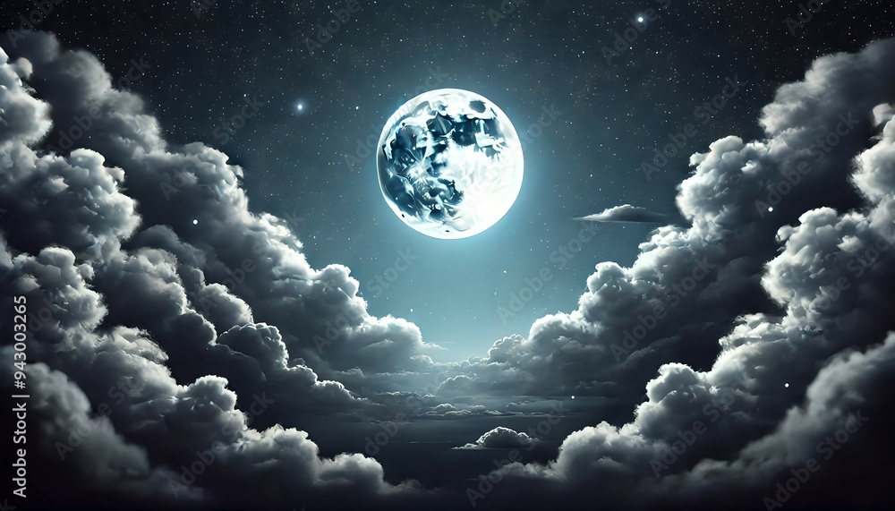 A full moon glowing in a night sky filled with thick clouds. The stars ...