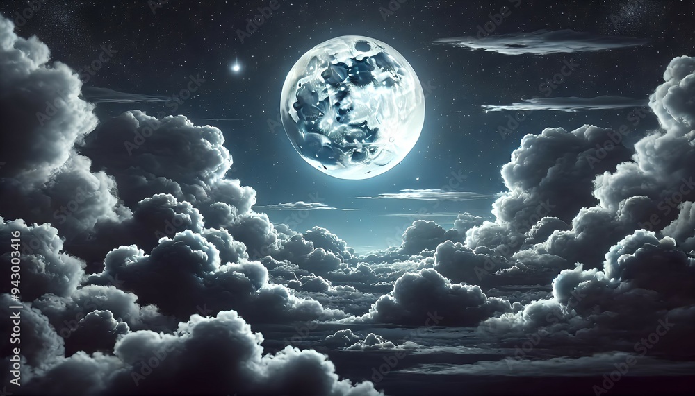 A full moon glowing in a night sky filled with thick clouds. The stars ...