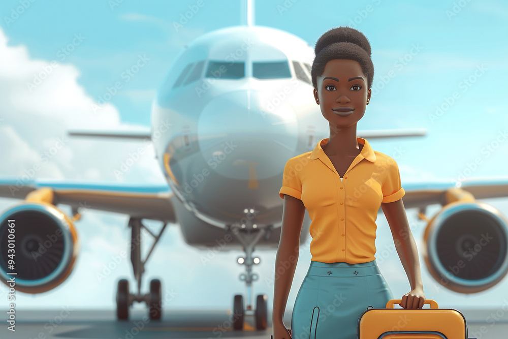 Beautiful African American flight attendant in front of a passenger ...