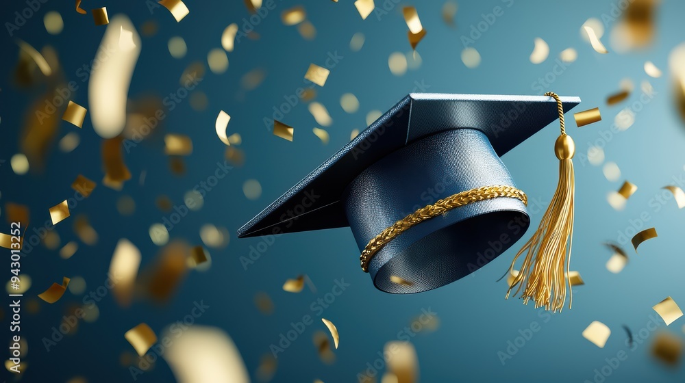 Graduation cap with golden confetti falling, symbolizing celebration ...