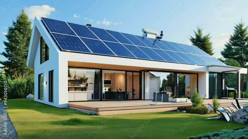 Modern House with Solar Panels and Storage Batteries: Eco-Friendly Home ...