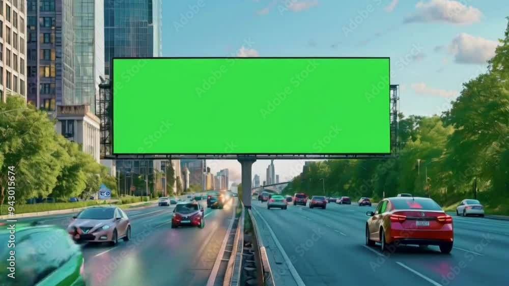 Advertising Billboard with Green Screen on Busy Traffic Road: Urban ...