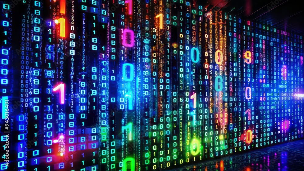 A kaleidoscope of colors and shapes, digital code sequences swirl on a ...